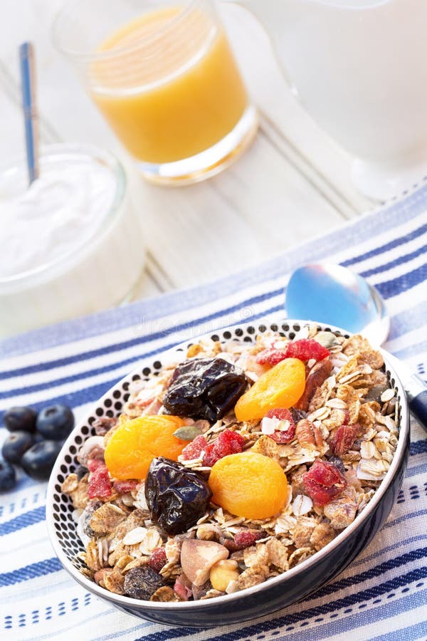 Breakfast Featuring Muesli and Dried Fruit Stock Image - Image of ...