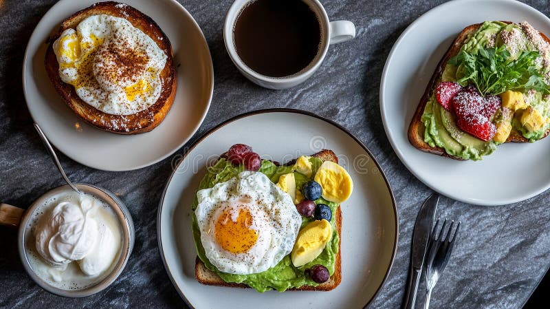 A Breakfast Flat Lay with Avocado Toast, Poached Eggs, and Freshly ...