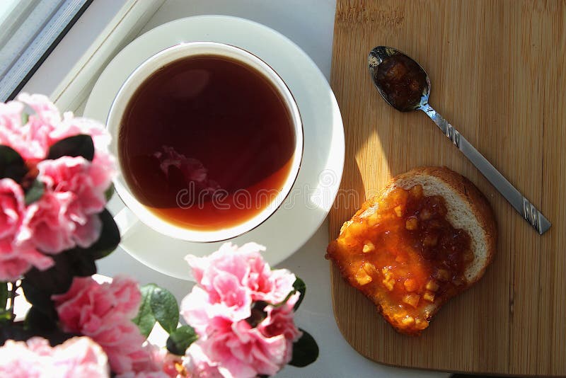 Breakfast: Flowers, Tea and Bread with Jam Stock Image - Image of ...