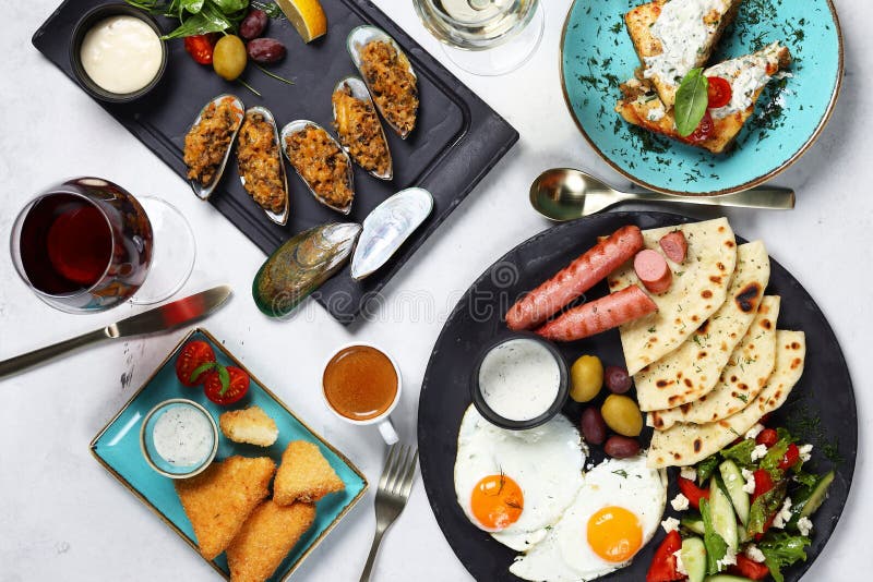 Breakfast food assortment stock image. Image of greek - 242324933