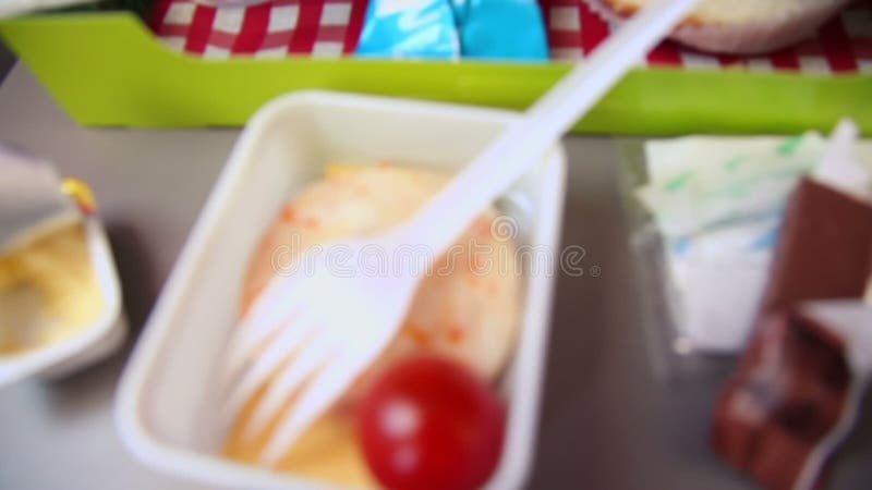 Breakfast Food in Box on Table at Plane, Focus Stock Footage - Video of ...