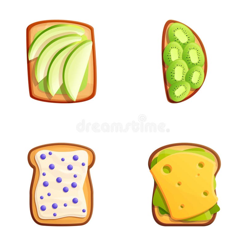 Breakfast Food Icons Set Cartoon Vector. Sandwich with Cheese and Fruit ... Breakfast Food Icons Set Cartoon Vector. Sandwich with Cheese and Fruit ...
