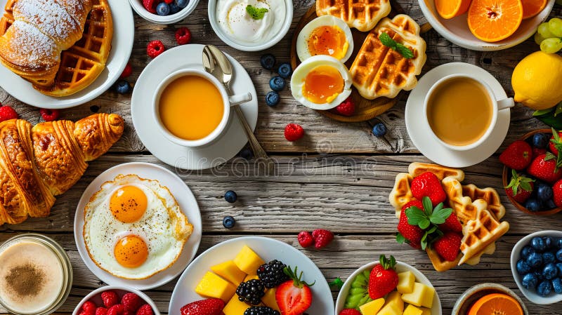 Breakfast Foods on a Wooden Table Stock Image - Image of array, indoor ...
