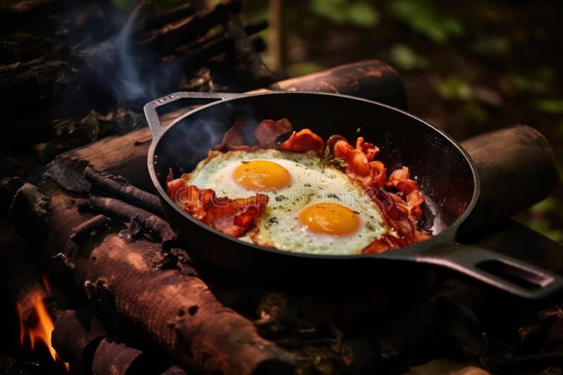 Breakfast in Forest Camp, Fried Eggs on Fire. Generative AI Stock ...