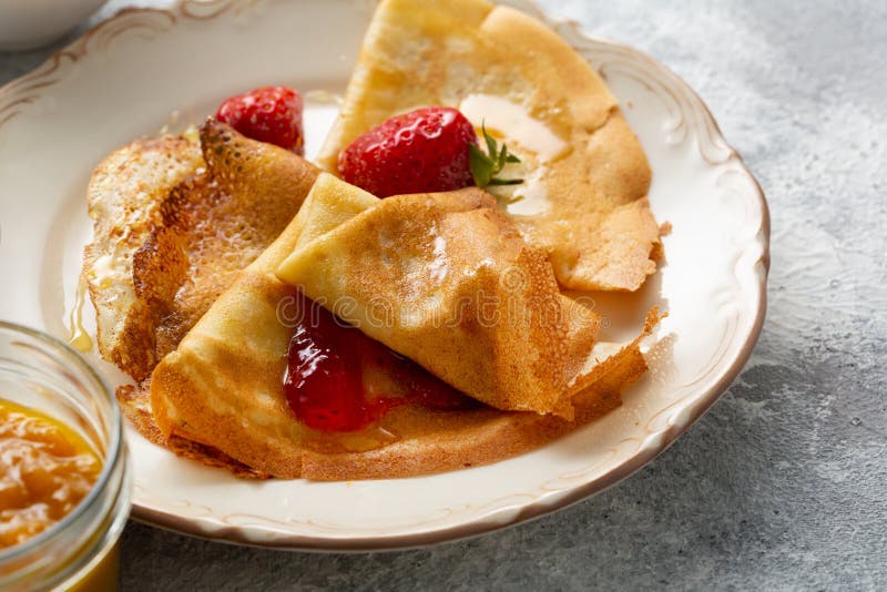 Breakfast French Crepes with Strawberry Jam Stock Photo - Image of ...