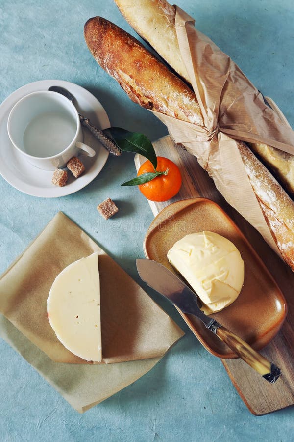 Breakfast: Fresh Baguette, French Cheese and Butter Stock Photo - Image ...