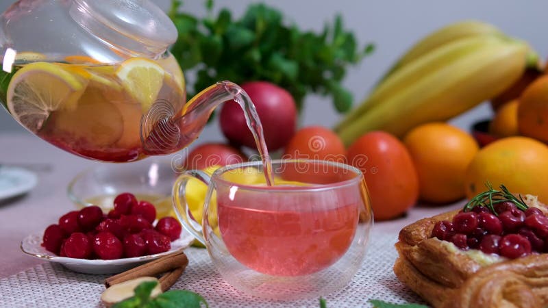 Breakfast of Fresh Bread Tea and Jam Medium Slider Dolly Shot Stock ...