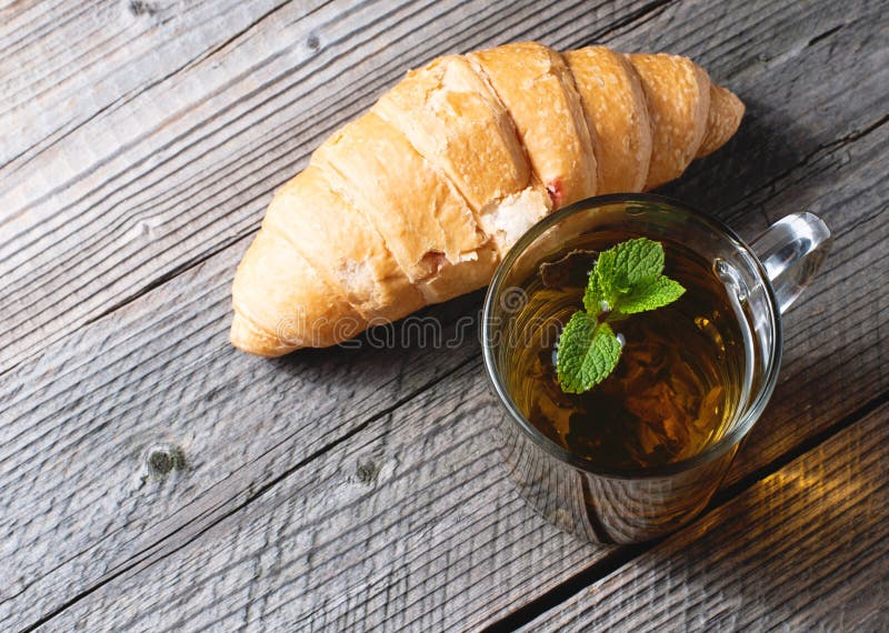 Breakfast with Fresh Croissants and Tea Stock Photo - Image of food ...