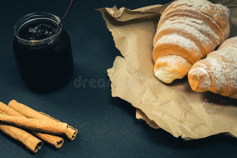 Breakfast Fresh Pastries, Croissant with Jam and Cinnamon Sticks Stock ...