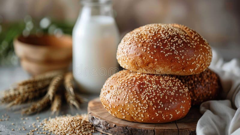 Breakfast with Freshly Baked Round Sesame Bread and Milk Stock ...