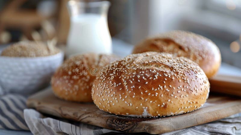 Breakfast with Freshly Baked Round Sesame Bread and Milk Stock ...