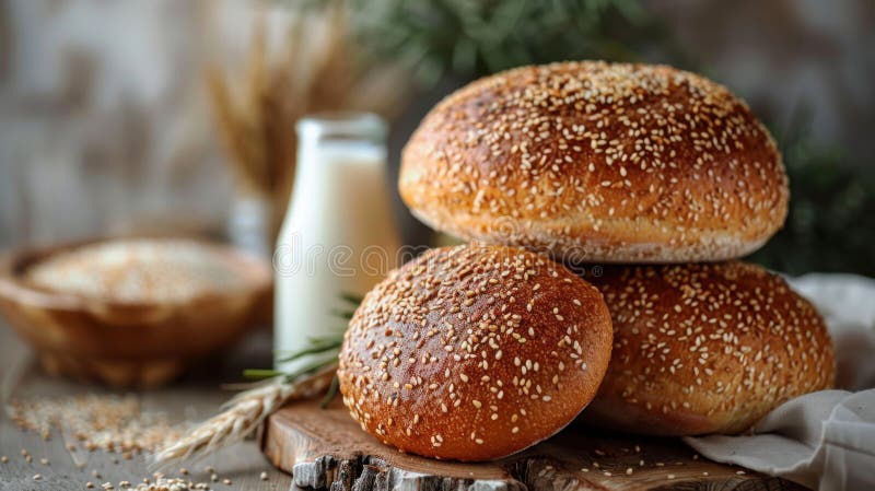 Breakfast with Freshly Baked Round Sesame Bread and Milk Stock Image ...