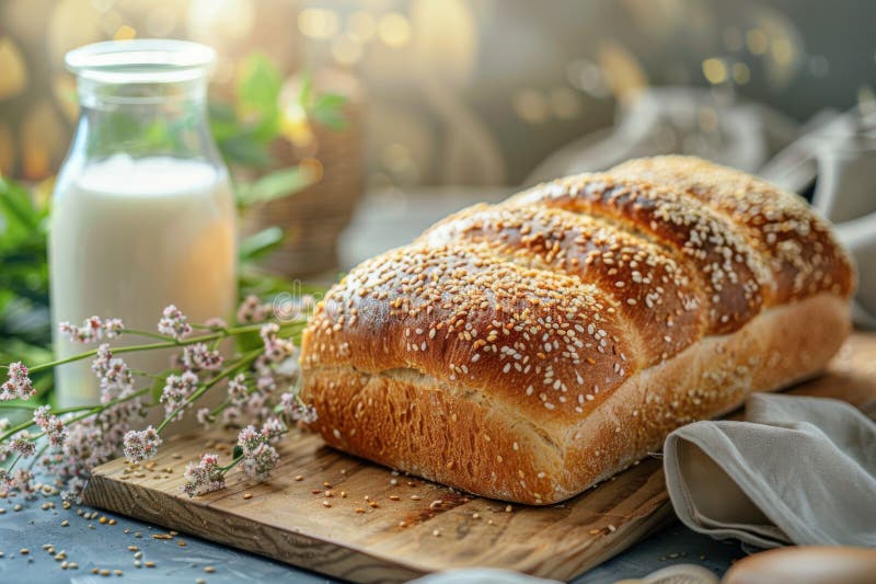 Breakfast with Freshly Baked Round Sesame Bread and Milk Stock Photo ...