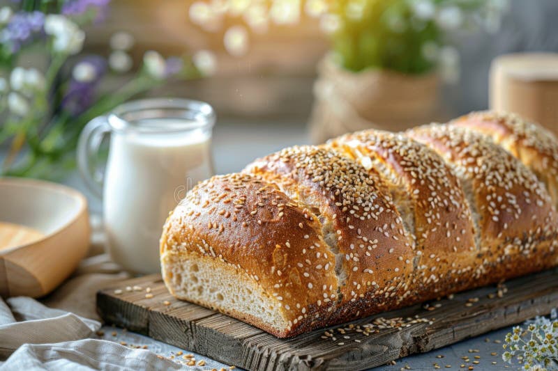 Breakfast with Freshly Baked Round Sesame Bread and Milk Stock Photo ...