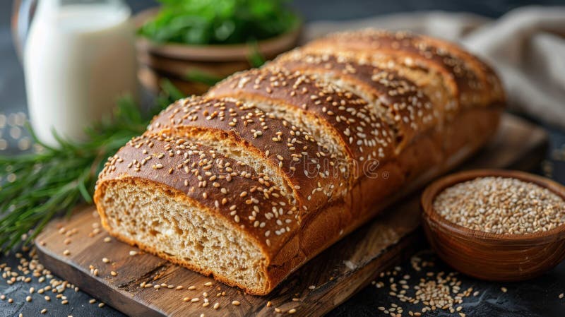 Breakfast with Freshly Baked Round Sesame Bread and Milk Stock Photo ...