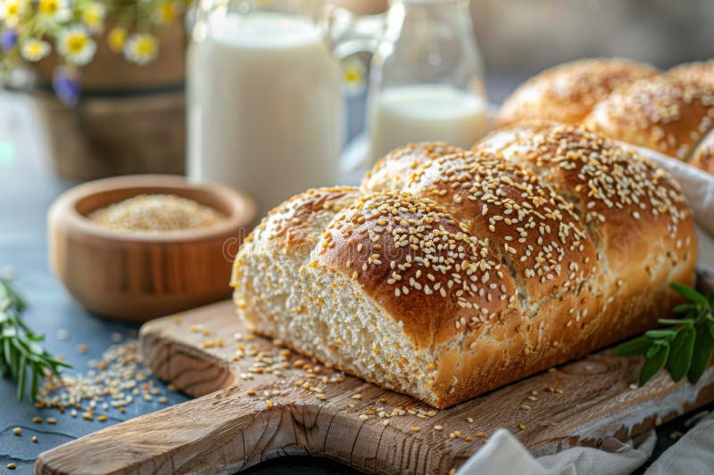Breakfast with Freshly Baked Round Sesame Bread and Milk Stock Photo ...