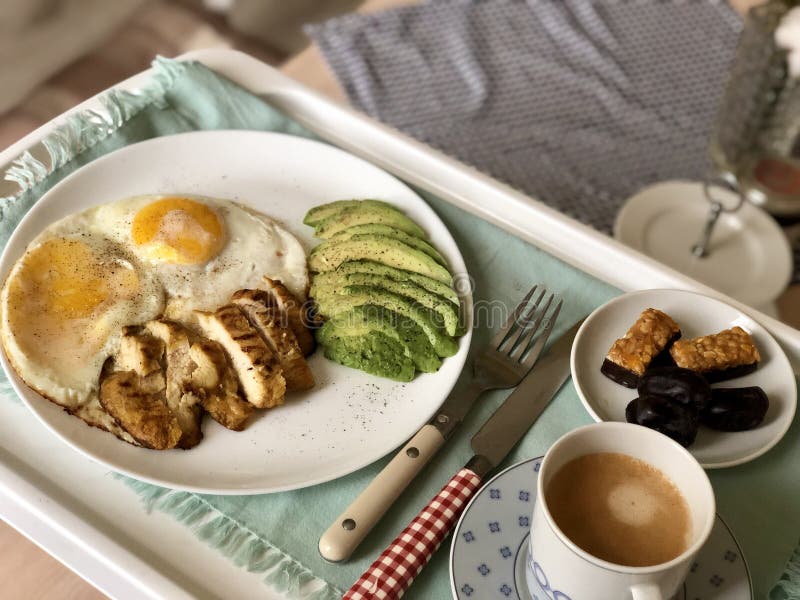 Breakfast with Fried Chicken Steak and Avocado Stock Image - Image of ...