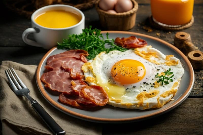 Breakfast Fried Egg Ham Bread American Breakfast Egg Stock Illustration ...