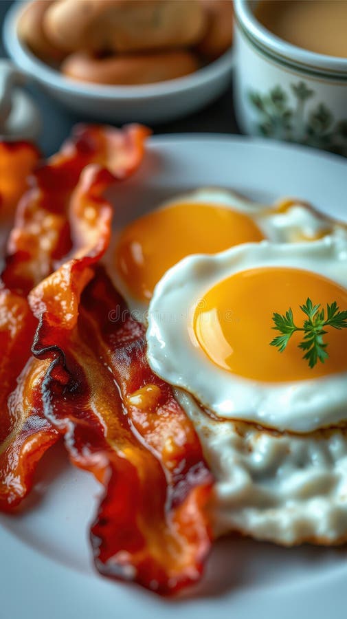Breakfast of Fried Eggs with Crispy Bacon, Accompanied by Coffee and ...
