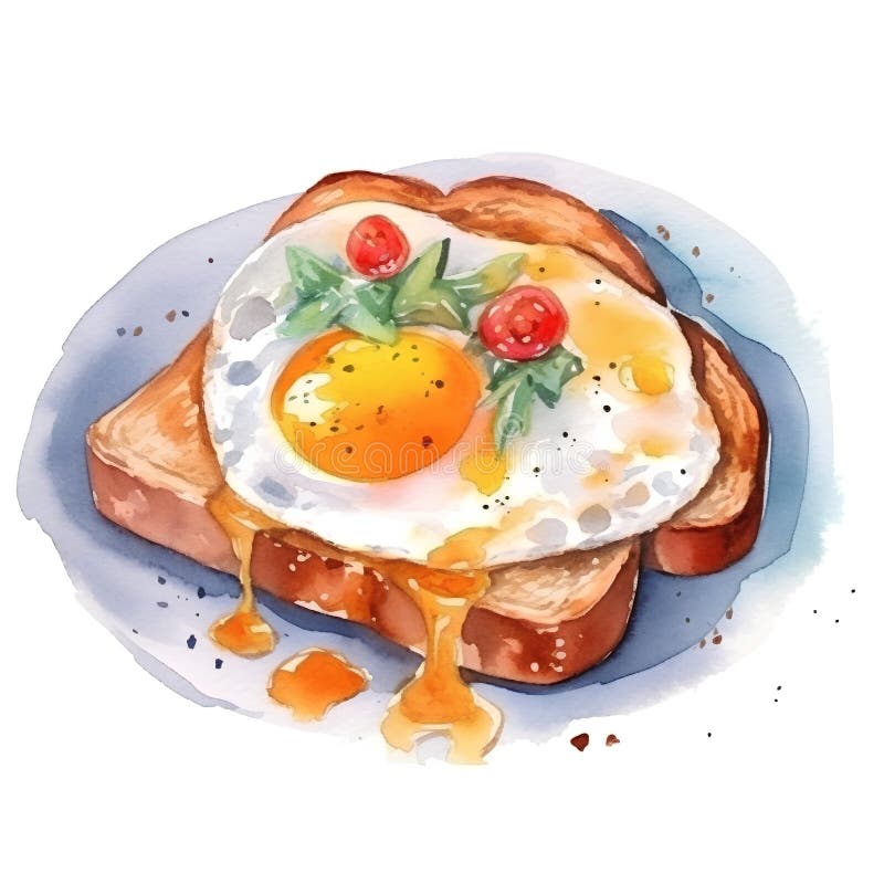 Breakfast with Fried Eggs and Toast. Watercolor Hand Drawn Illustration ...