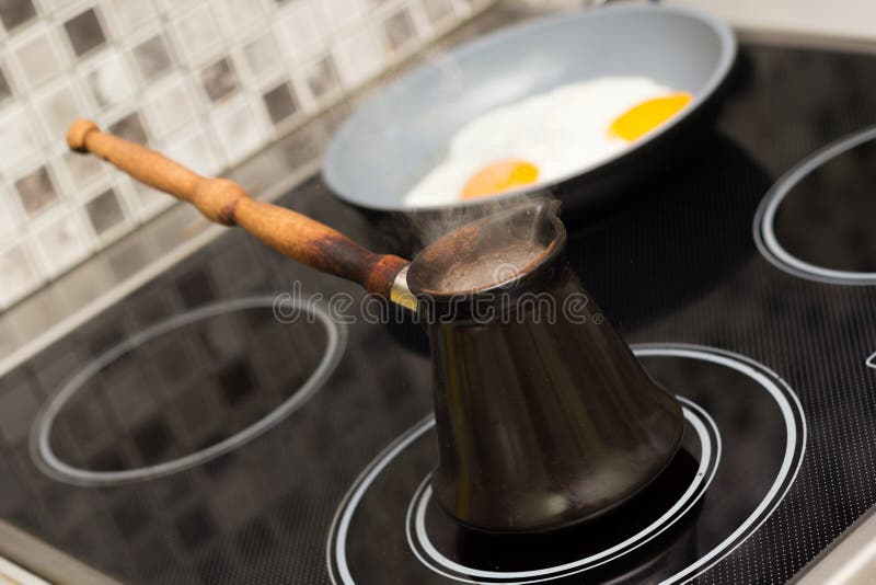 Breakfast. Frying Eggs and Coffee Stock Photo - Image of domestic, food ...