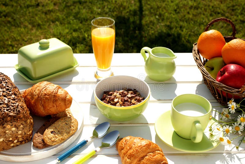 Breakfast in the garden stock image. Image of bread, apple - 32839141