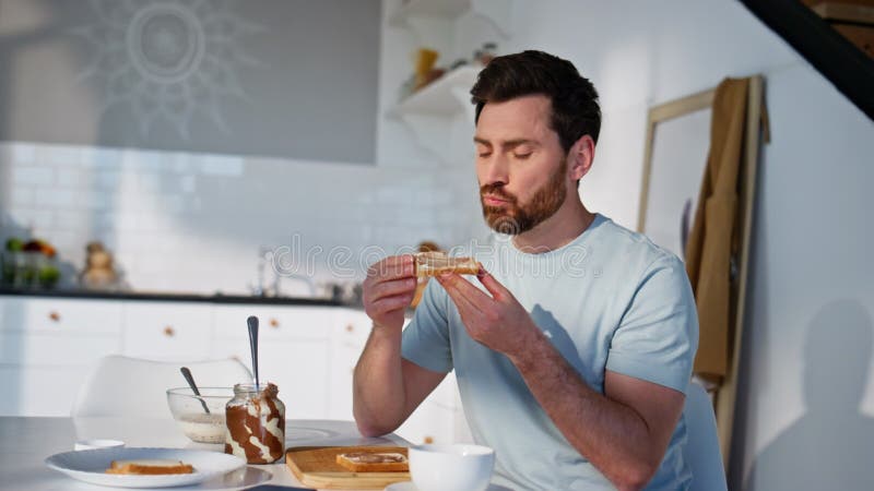 Breakfast Guy Making Sandwich at Light Kitchen Closeup. Hungry Man ...