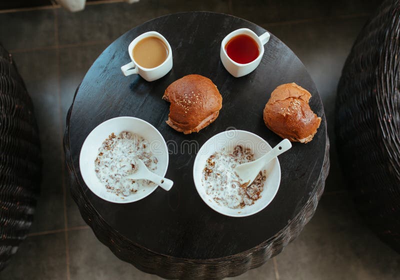 Breakfast, Hamburger, Tea and Coffe on Black Table Stock Photo - Image ...