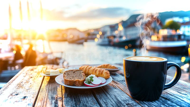Breakfast by the Harbor Featuring Coffee, Bread, and Pastries in a ...