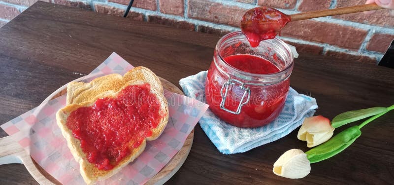 Breakfast with Homemade Wheat Bread and Strawberry Jam Stock Image ...