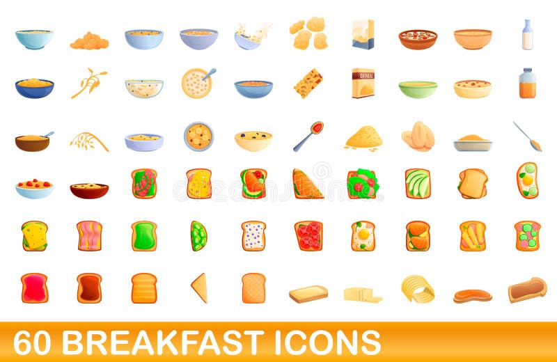 60 Breakfast Icons Set, Cartoon Style Stock Vector - Illustration of ...