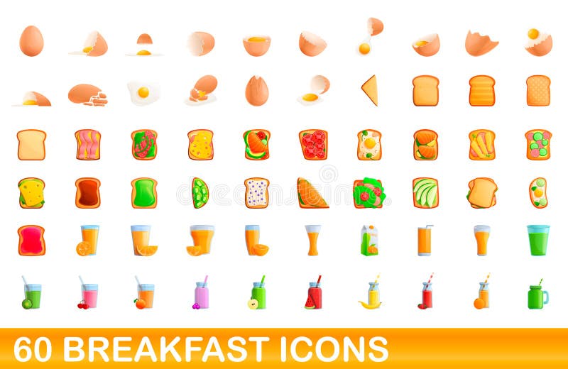 60 Breakfast Icons Set, Cartoon Style Stock Vector - Illustration of ...