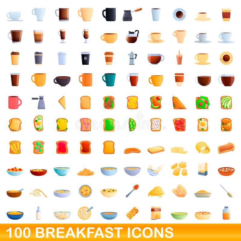 100 Breakfast Icons Set, Cartoon Style Stock Vector - Illustration of ...