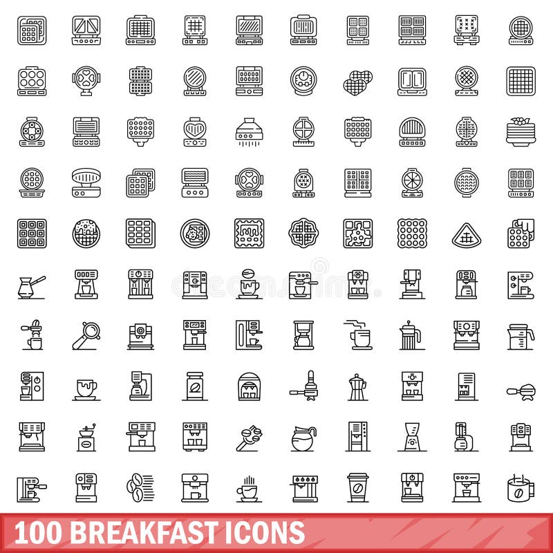 100 Breakfast Icons Set, Outline Style Stock Vector - Illustration of ...