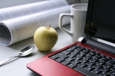 Breakfast with laptop stock photo. Image of magazine - 11434480