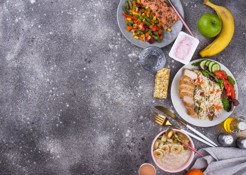 Breakfast, Lunch and Dinner. Balanced Menu Stock Photo - Image of green ...