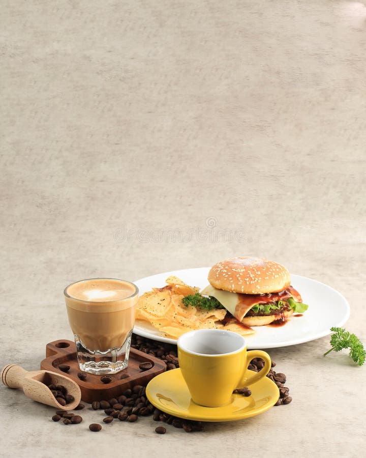 Breakfast or Lunch Menu Set at Restaurant or Cafe, Cappuccino, Burger ...
