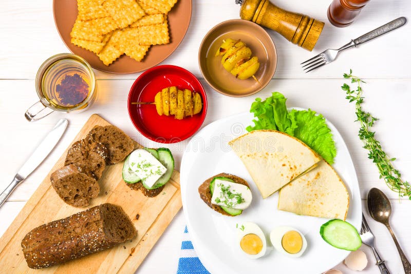 Breakfast or Lunch for Two on White Table. Top View Stock Photo - Image ...