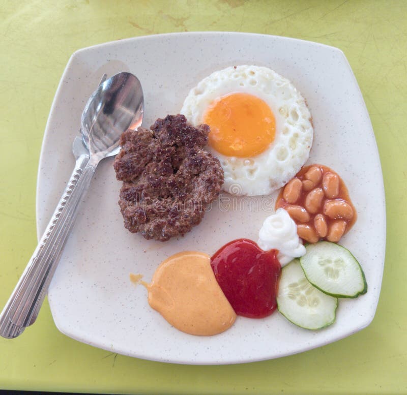 Breakfast Menu. Baked Meat, Egg, Beans, Sauce and Custard. Top View ...