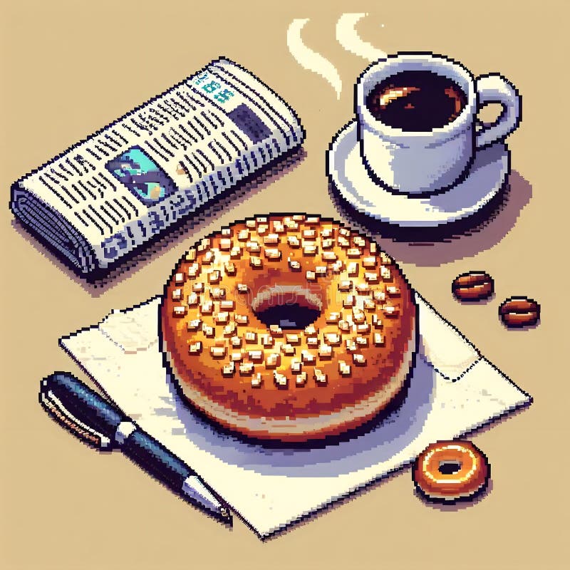 Breakfast Menu of Donuts, Coffee and Newspapers, Pixel Art Stock ...