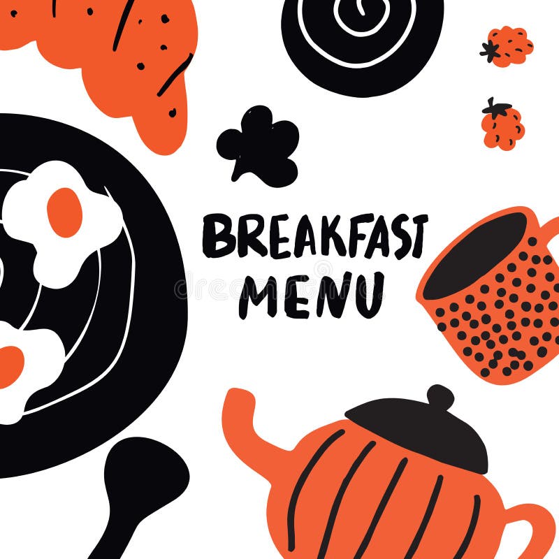 Breakfast Menu. Template with Funny Hand Drawn Elements in Scandinavian ...