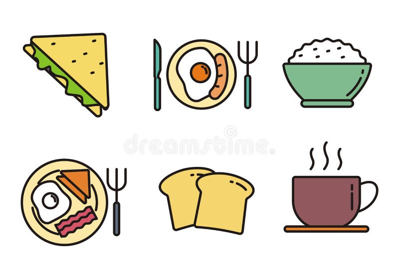 Breakfast Menu Vector Illustration. Breakfast Icon Set with Outline ...