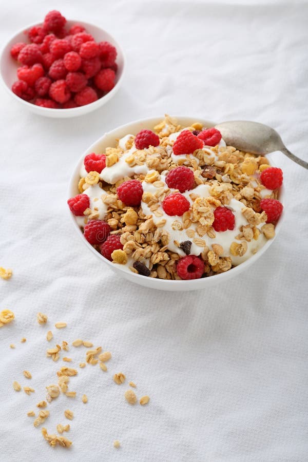Breakfast Muesli with Raspberry and Yogurt Stock Photo - Image of ...