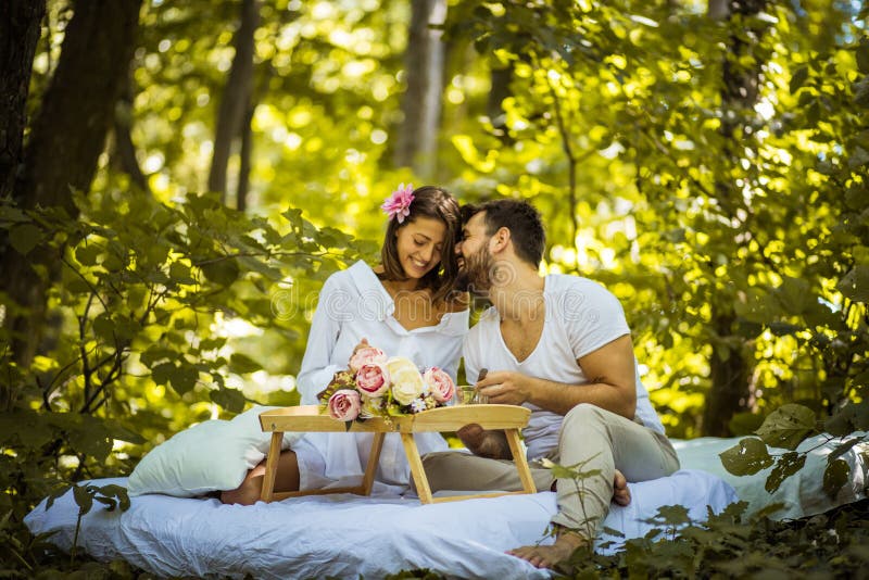 Breakfast in Nature. Young Couple. Stock Photo - Image of adult ...