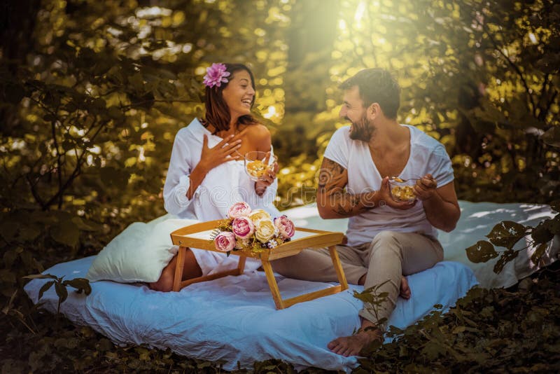 Breakfast in Nature. Young Couple. Stock Image - Image of breakfast ...