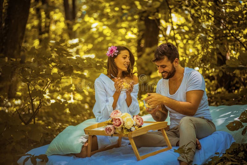 Breakfast at Nature . Young Happy Couple. Stock Photo - Image of male ...