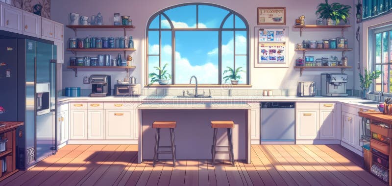 Breakfast Nook and Sleek Countertops in this Anime Kitchen Stock Photo ...