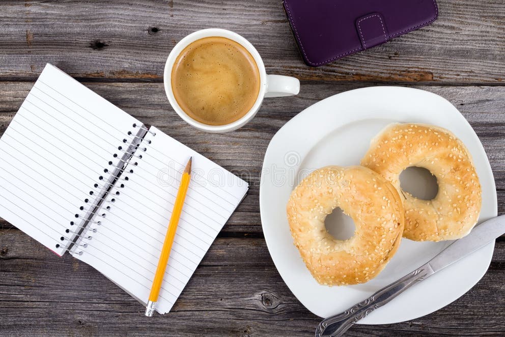 Breakfast and note book stock image. Image of work, office - 69939079