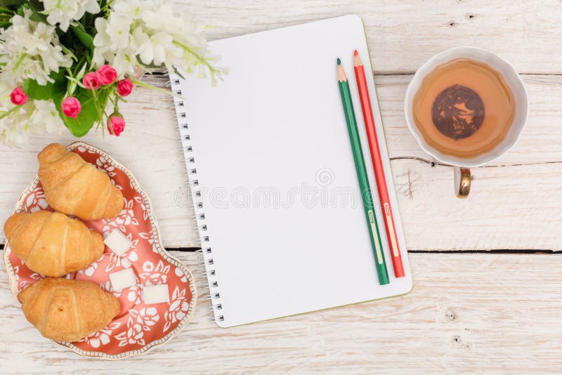 Breakfast, Notes and Flowers Stock Photo - Image of notepad, food: 67536038