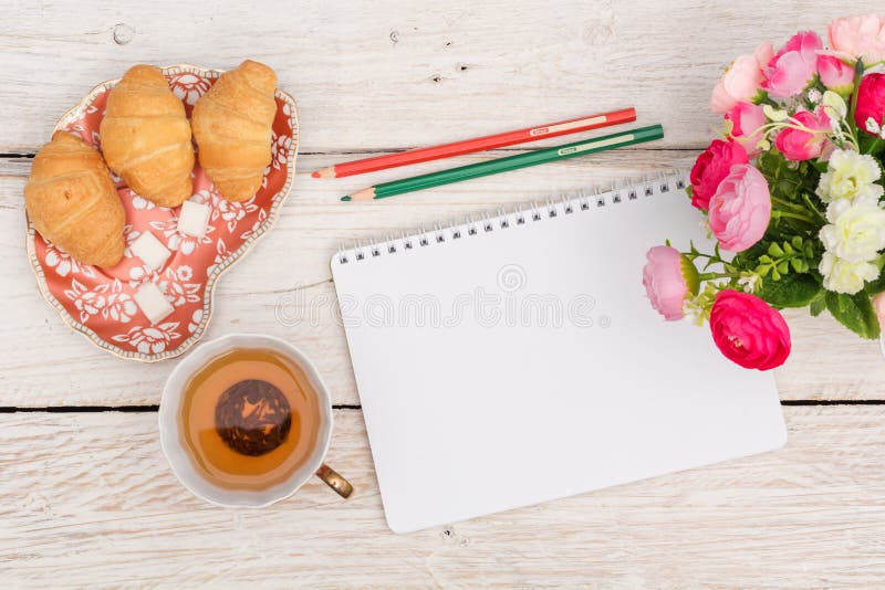 Breakfast, Notes and Flowers Stock Image - Image of relax, beverage ...